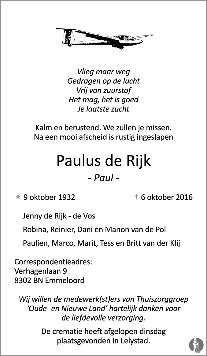 Paulus (Paul) de Rijk 06-10-2016 overlijdensbericht en condoleances ...
