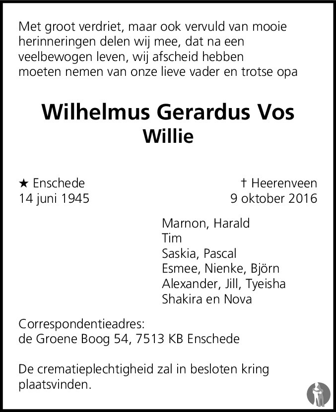 Wilhelmus Gerardus (Willie) Vos 09-10-2016 overlijdensbericht en ...