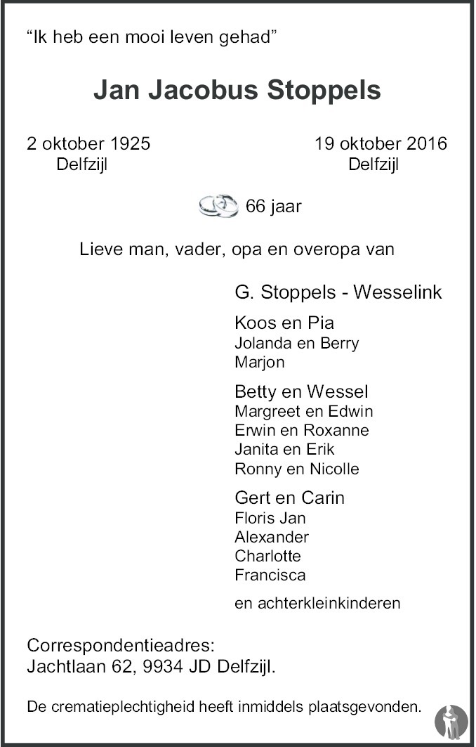 Jan Jacobus Stoppels 19-10-2016 overlijdensbericht en condoleances ... Jan Jacobus Stoppels 19-10-2016 overlijdensbericht en condoleances ...
