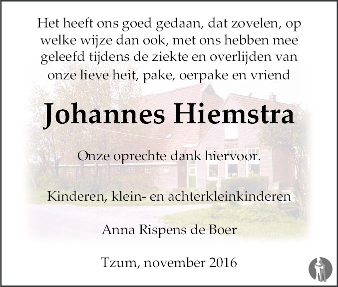 Johannes Hiemstra 10-09-2016 overlijdensbericht en condoleances ...