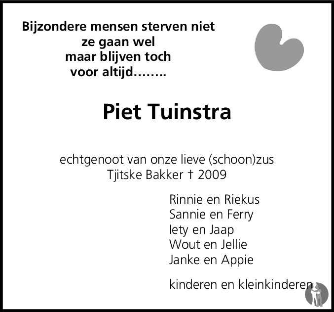 Piet Tuinstra 25-11-2016 overlijdensbericht en condoleances - Mensenlinq.nl