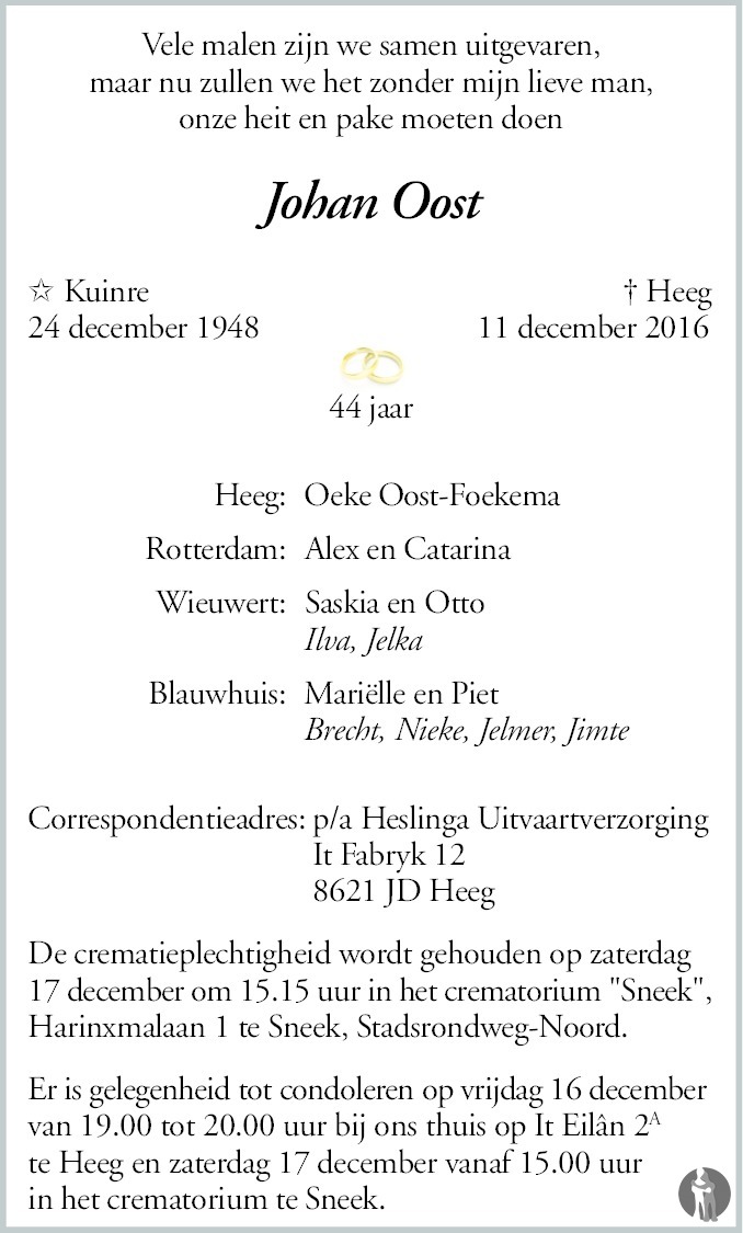 Johan Oost 11-12-2016 overlijdensbericht en condoleances - Mensenlinq.nl