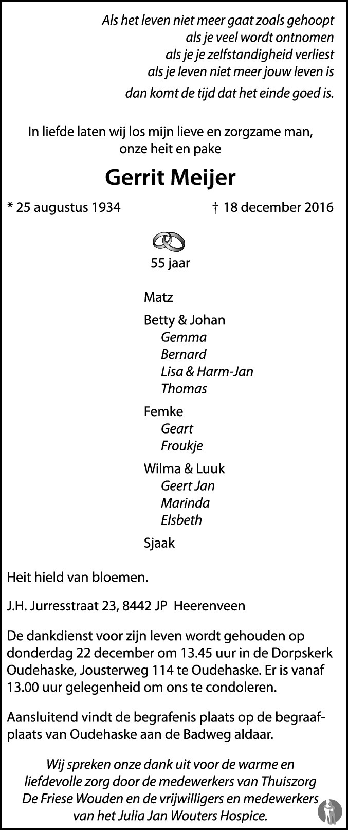 Gerrit Meijer 18-12-2016 overlijdensbericht en condoleances - Mensenlinq.nl