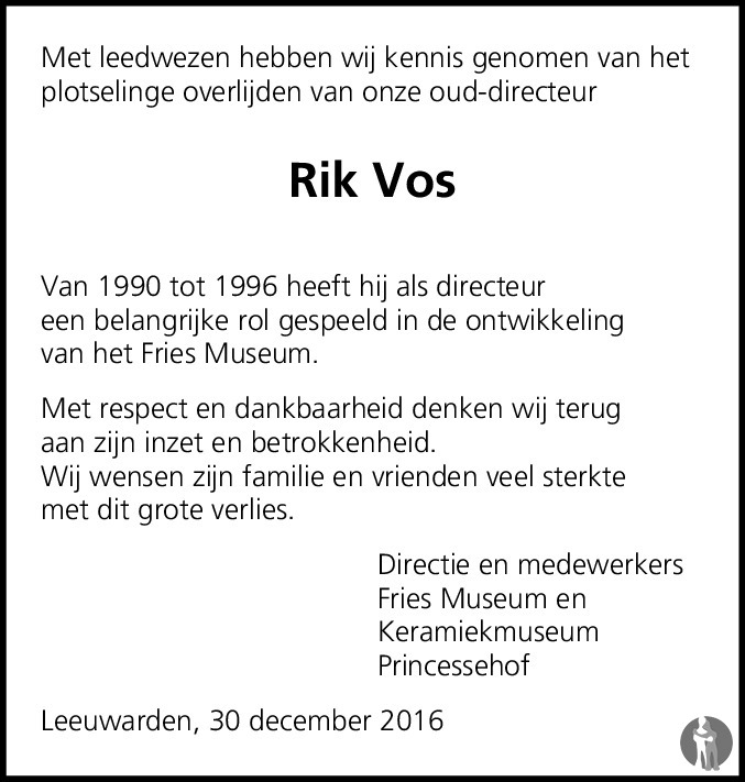 Rik Vos 29-12-2016 overlijdensbericht en condoleances - Mensenlinq.nl
