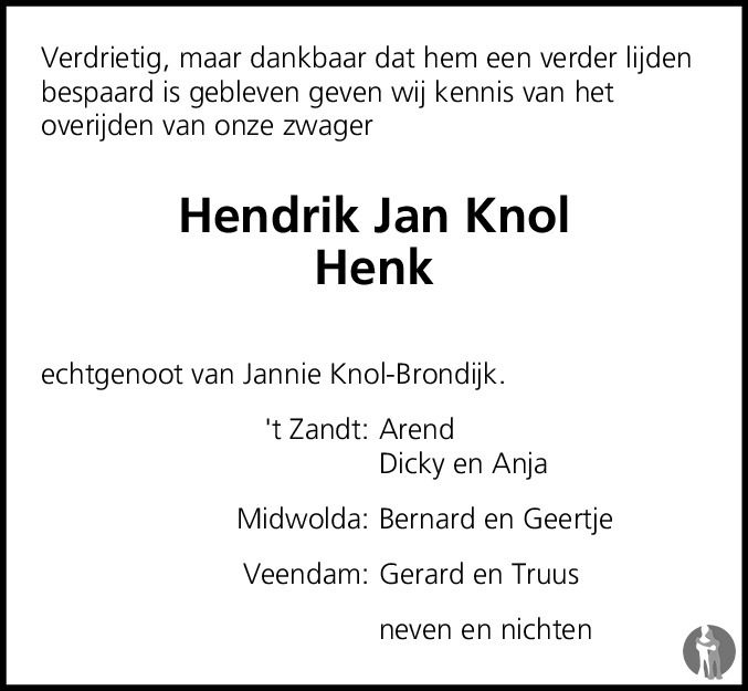 Hendrik Jan (Henk) Knol 29-01-2017 overlijdensbericht en condoleances ...