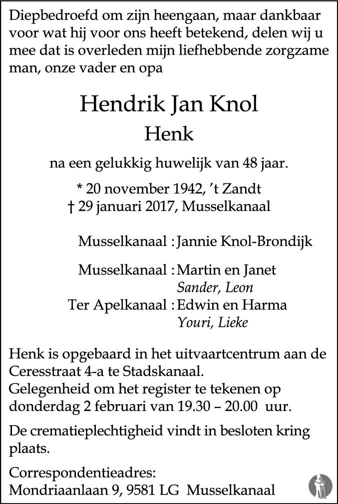 Hendrik Jan (Henk) Knol 29-01-2017 overlijdensbericht en condoleances ...