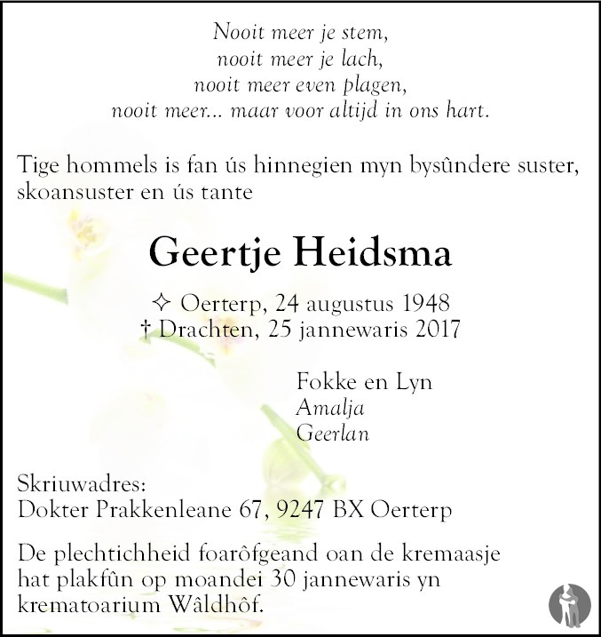 Geertje Heidsma 25-01-2017 overlijdensbericht en condoleances ...