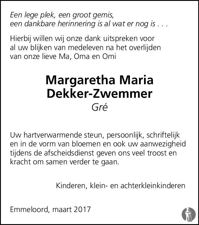 Margaretha Maria Dekker - Zwemmer 23-01-2017 overlijdensbericht en ...