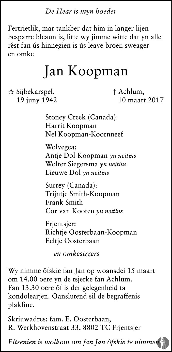 Jan Koopman 10-03-2017 overlijdensbericht en condoleances - Mensenlinq.nl