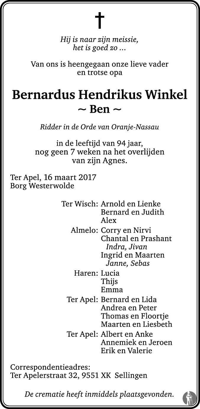 Bernardus Hendrikus (Ben) Winkel 16-03-2017 overlijdensbericht en ...