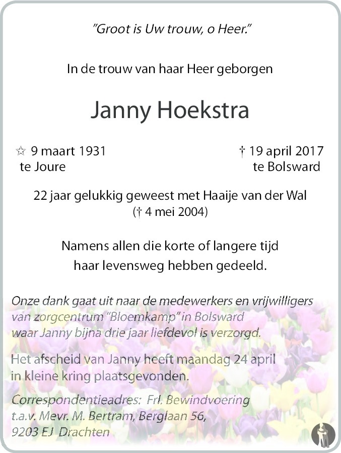 Janny Hoekstra 19-04-2017 overlijdensbericht en condoleances ...