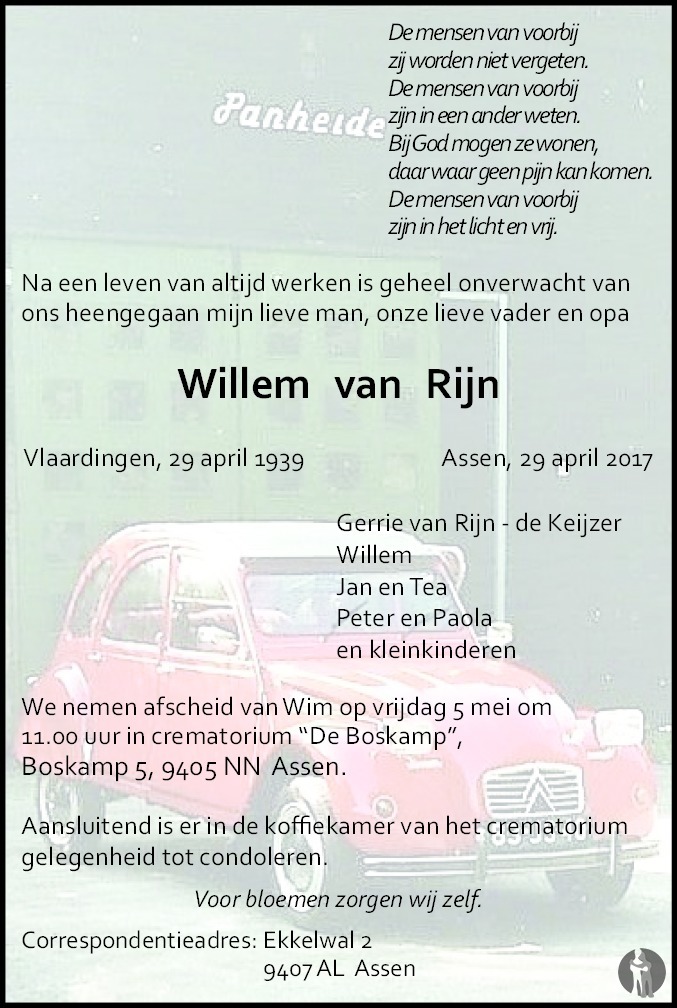 Willem van Rijn 29-04-2017 overlijdensbericht en condoleances ...
