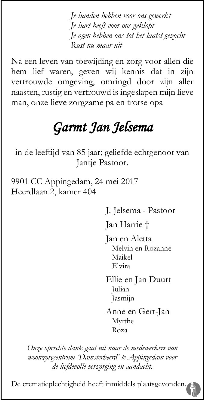 Garmt Jan Jelsema 24-05-2017 overlijdensbericht en condoleances ...