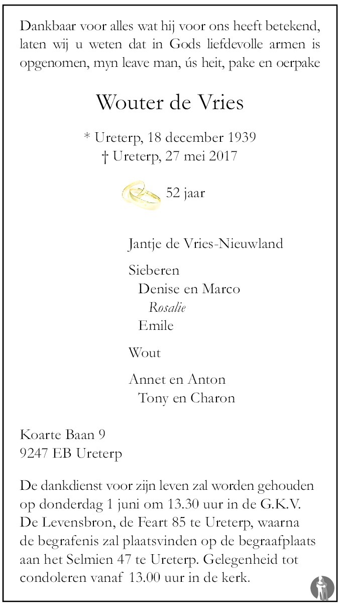 Wouter de Vries 27-05-2017 overlijdensbericht en condoleances - Mensenlinq.nl