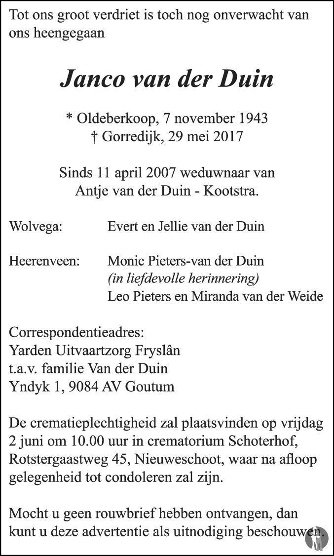 Janco van der Duin 29-05-2017 overlijdensbericht en condoleances ...