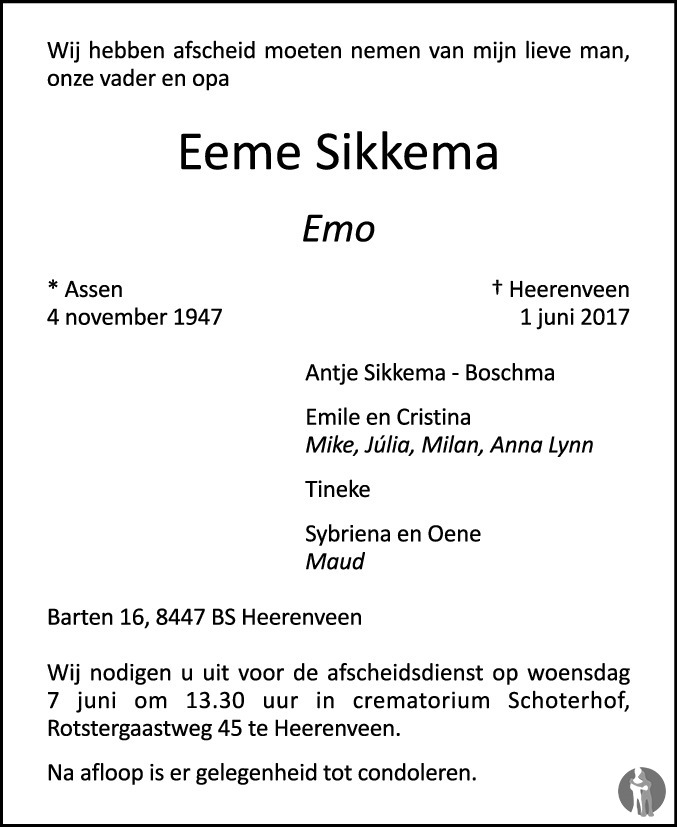 Eeme (Emo) Sikkema 01-06-2017 overlijdensbericht en condoleances - Mensenlinq.nl