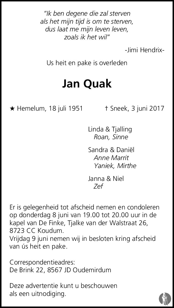 Jan Quak 03-06-2017 overlijdensbericht en condoleances - Mensenlinq.nl