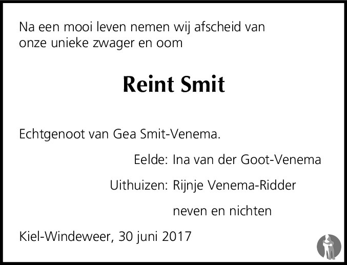 Reint Jakobus Smit 30-06-2017 overlijdensbericht en condoleances ...