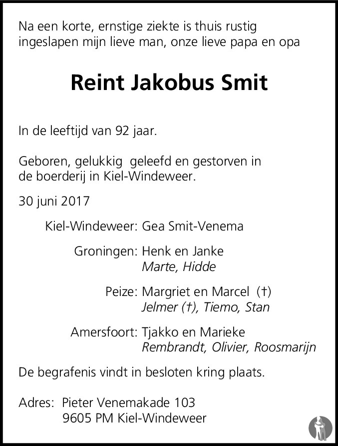 Reint Jakobus Smit 30-06-2017 overlijdensbericht en condoleances ...