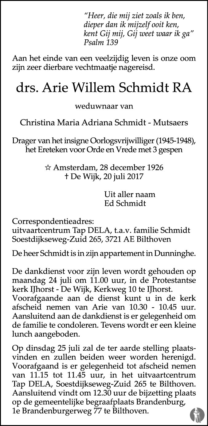 drs. Arie Willem Schmidt 20-07-2017 overlijdensbericht en condoleances ...