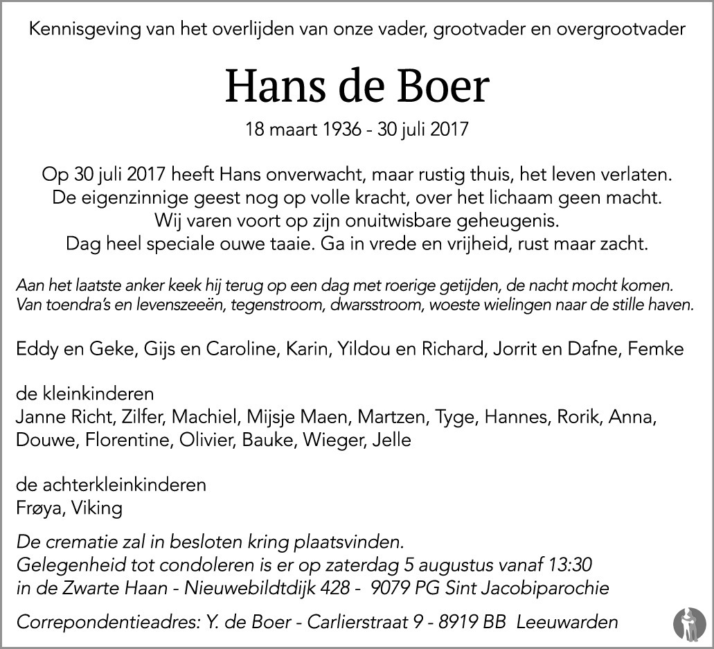 Hans de Boer 30-07-2017 overlijdensbericht en condoleances - Mensenlinq.nl
