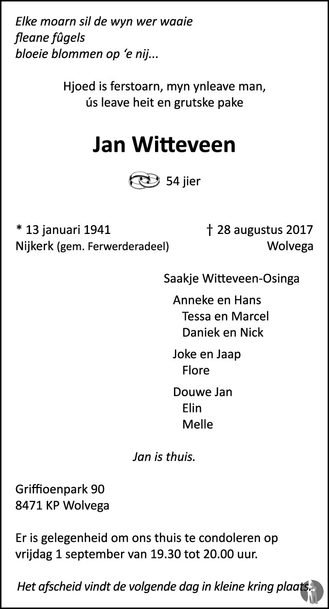 Jan Witteveen 28-08-2017 overlijdensbericht en condoleances - Mensenlinq.nl
