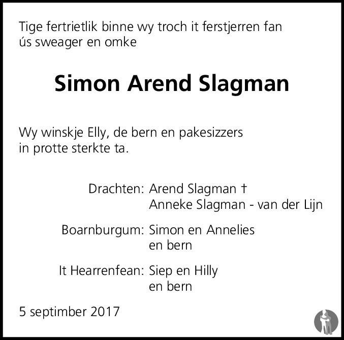 mr. Simon Arend Slagman 02-09-2017 overlijdensbericht en condoleances ...