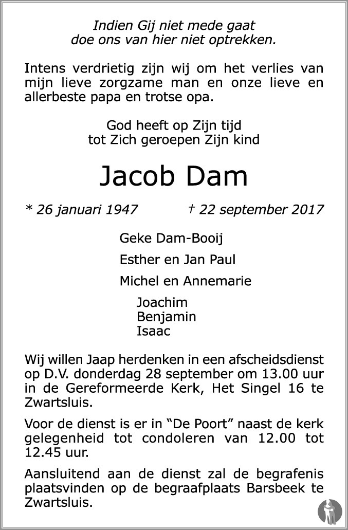 Jacob Dam 22-09-2017 overlijdensbericht en condoleances - Mensenlinq.nl