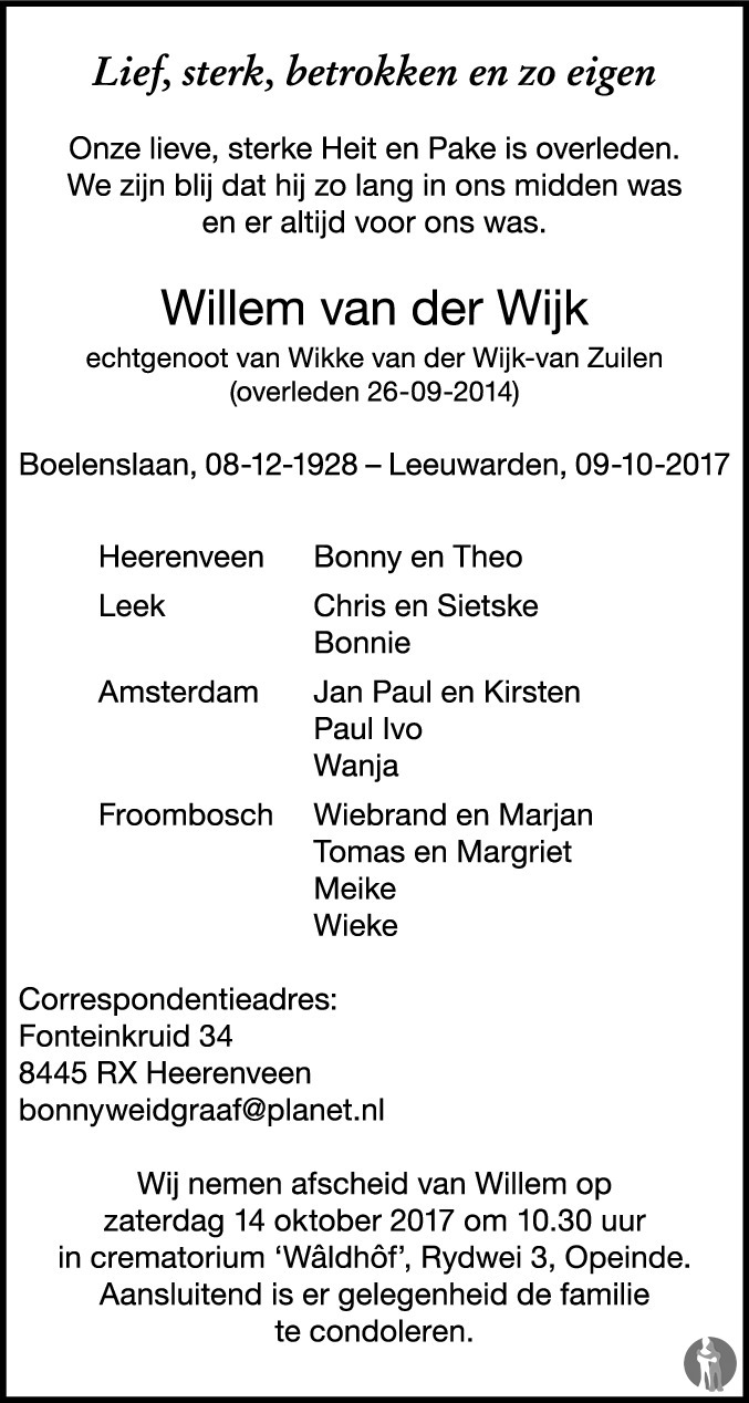 Willem van der Wijk 09-10-2017 overlijdensbericht en condoleances ...