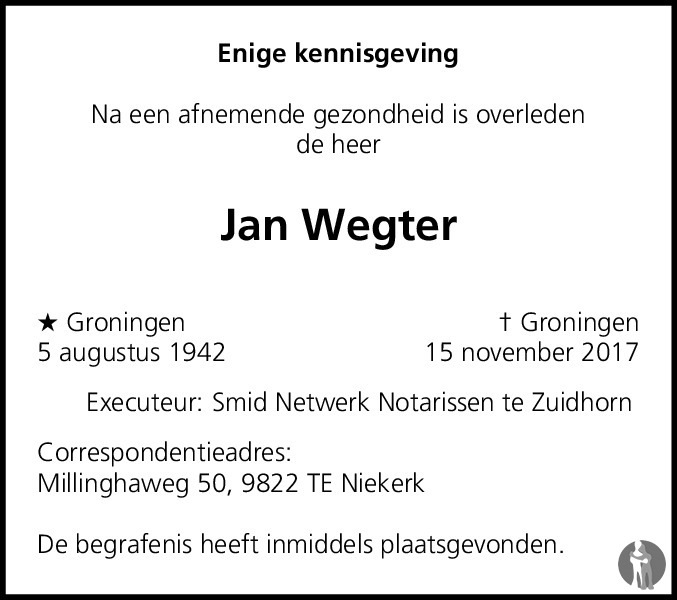 Jan Folkert Wegter 15-11-2017 overlijdensbericht en condoleances ...