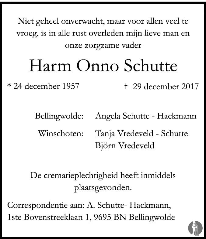 Harm Onno Schutte 29-12-2017 overlijdensbericht en condoleances ...