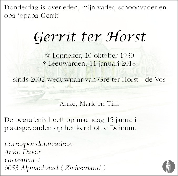 Gerrit ter Horst 11-01-2018 overlijdensbericht en condoleances ...