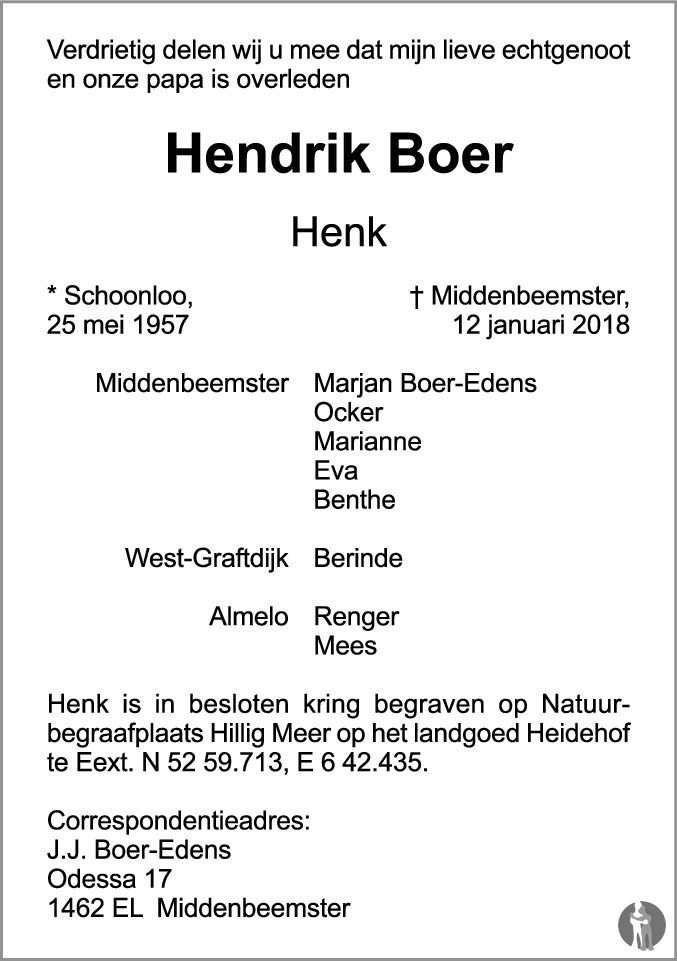Hendrik (Henk) Boer 12-01-2018 overlijdensbericht en condoleances ...