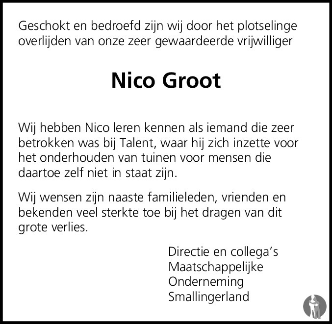 Nicolaas Jan (Nico) Groot 20-01-2018 overlijdensbericht en condoleances ...