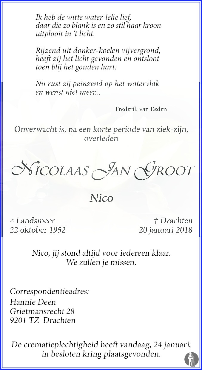 Nicolaas Jan (Nico) Groot 20-01-2018 overlijdensbericht en condoleances ...