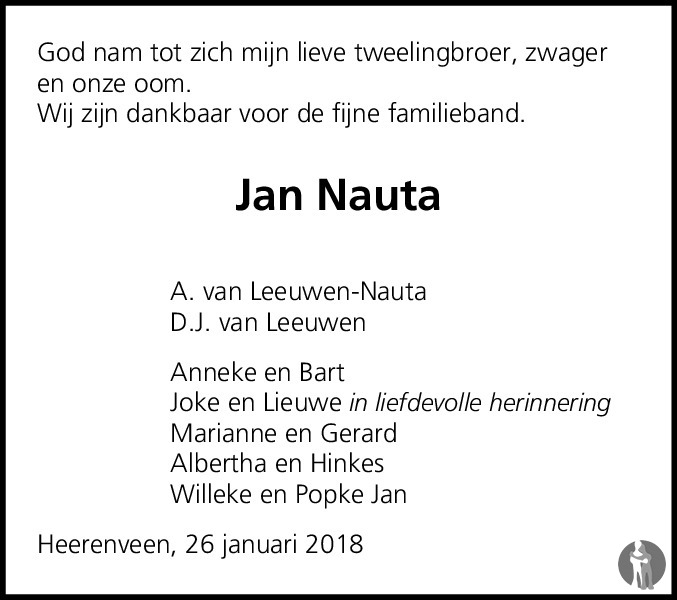 Jan Nauta 26-01-2018 overlijdensbericht en condoleances - Mensenlinq.nl