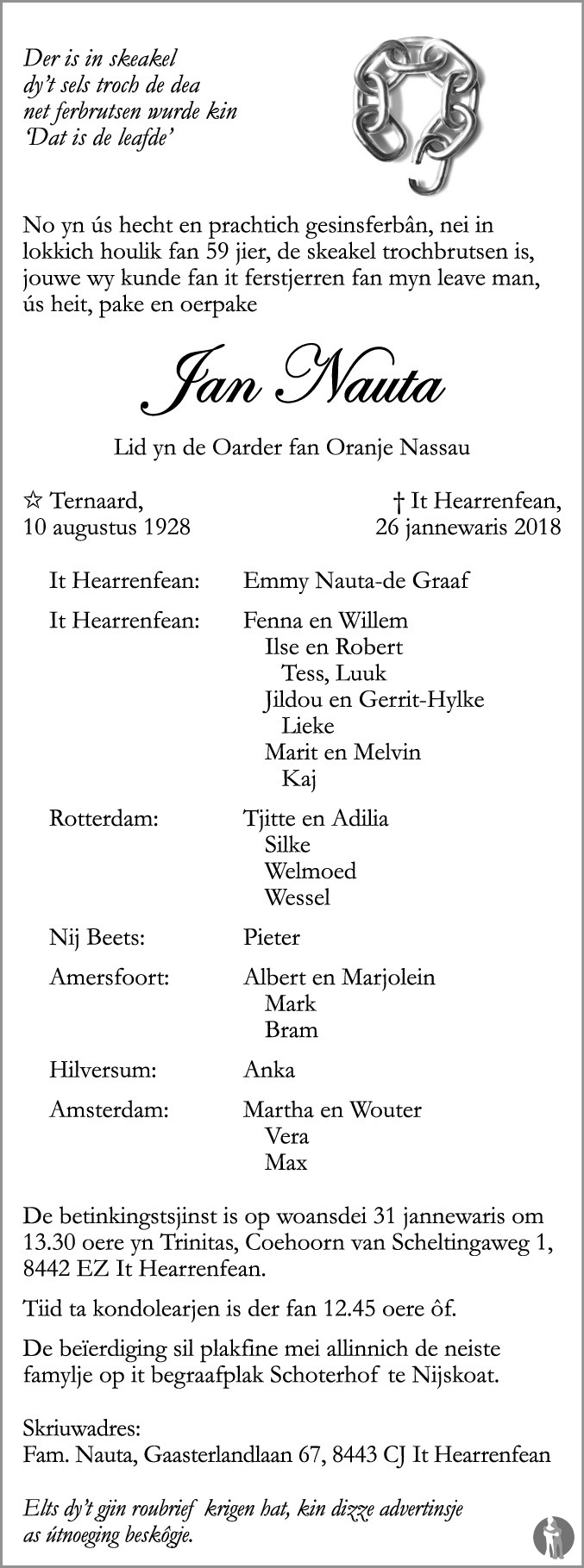 Jan Nauta 26-01-2018 overlijdensbericht en condoleances - Mensenlinq.nl