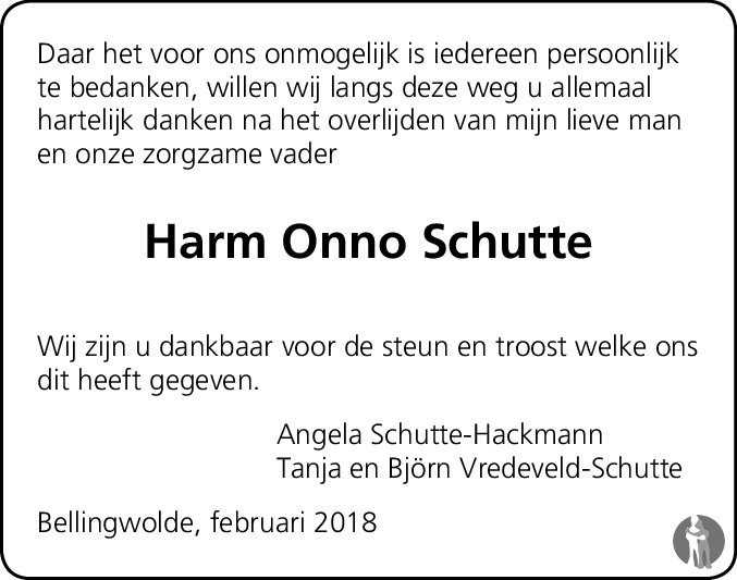 Harm Onno Schutte 29-12-2017 overlijdensbericht en condoleances ...