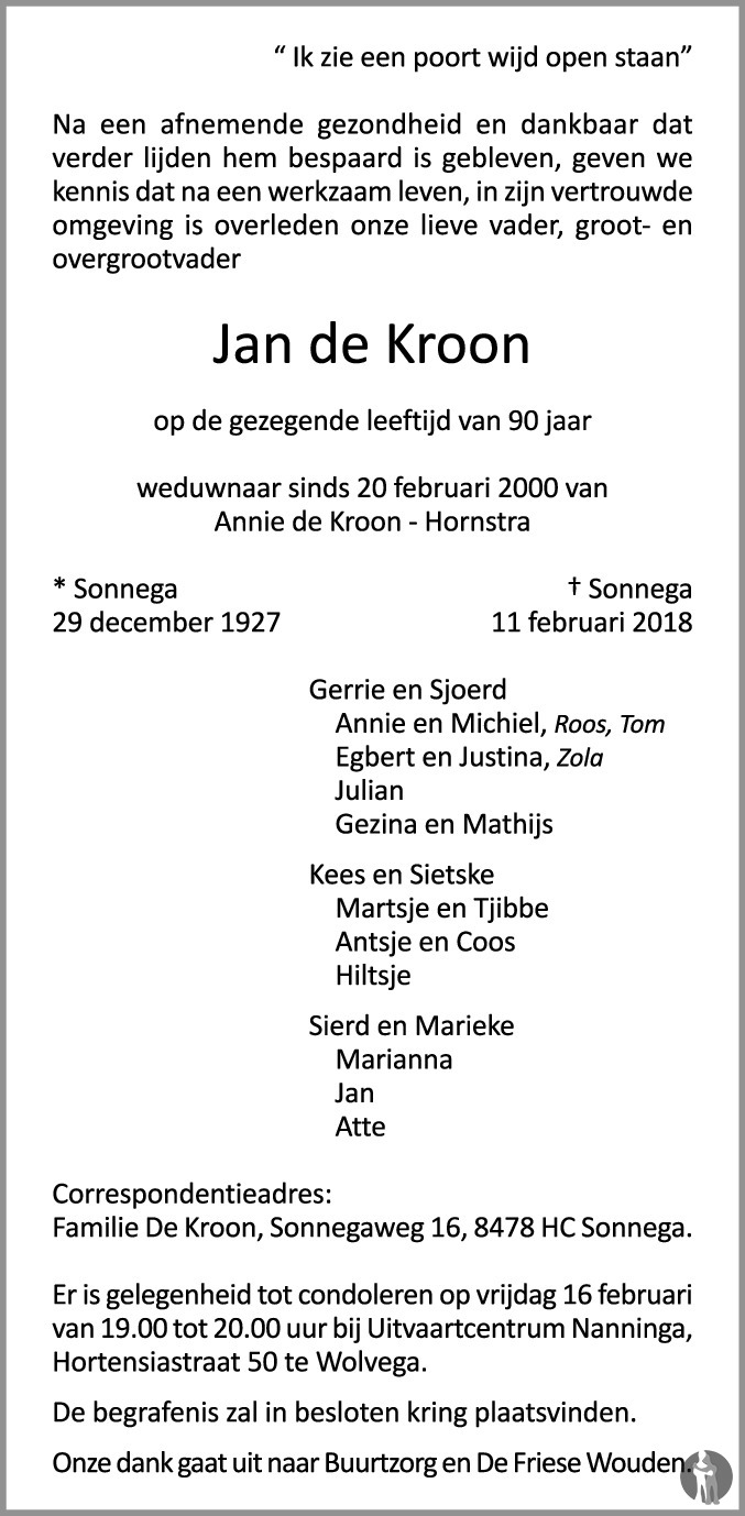 Jan de Kroon 11-02-2018 overlijdensbericht en condoleances - Mensenlinq.nl