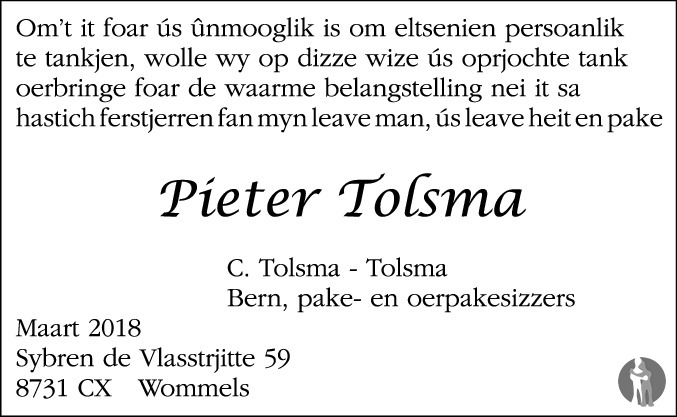 Pieter Tolsma 16-01-2018 overlijdensbericht en condoleances - Mensenlinq.nl