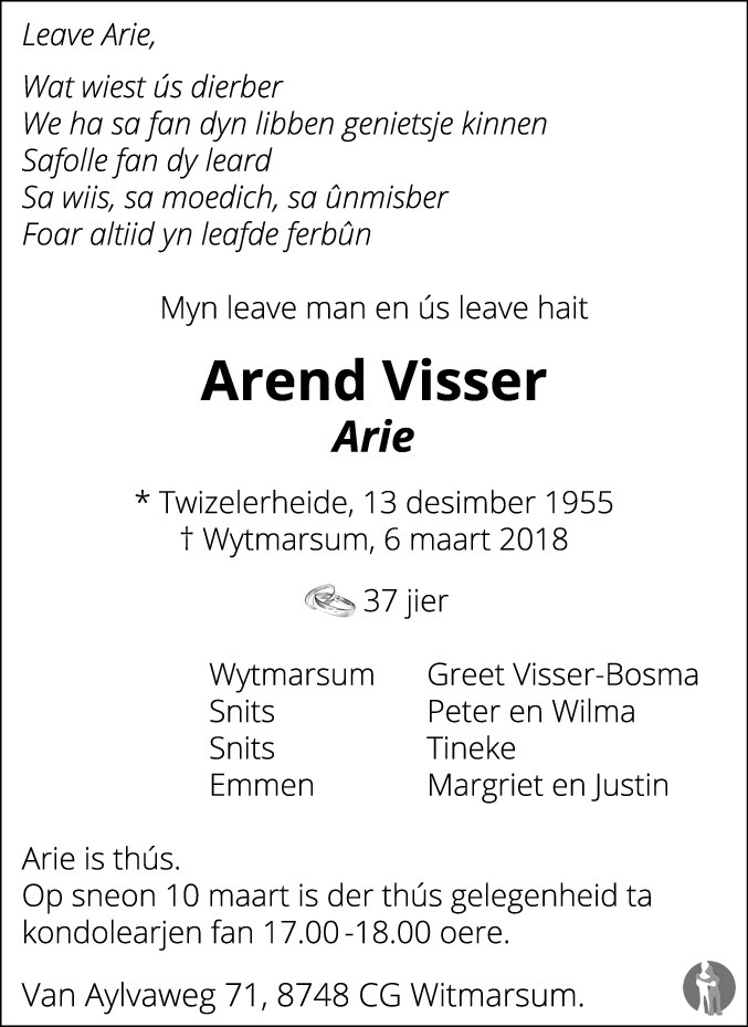 Arend (Arie) Visser 06-03-2018 overlijdensbericht en condoleances ... Arend (Arie) Visser 06-03-2018 overlijdensbericht en condoleances ...
