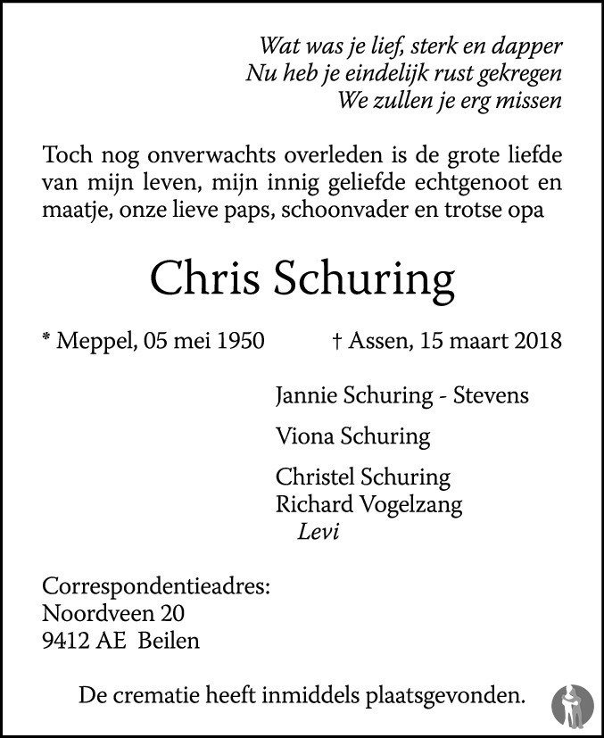 Chris Schuring 15-03-2018 overlijdensbericht en condoleances ...