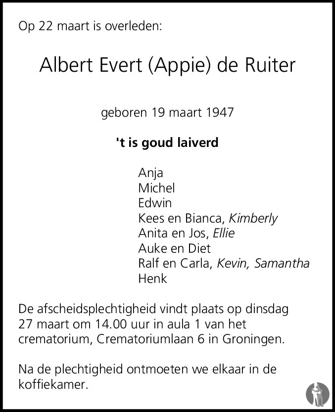 Albert Evert (Appie) de Ruiter 22-03-2018 overlijdensbericht en ...