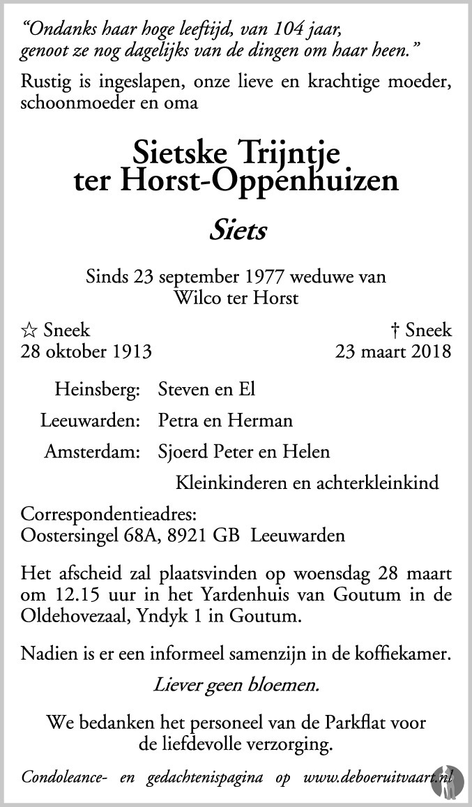 Sietske Trijntje (Siets) ter Horst - Oppenhuizen 23-03-2018 ...