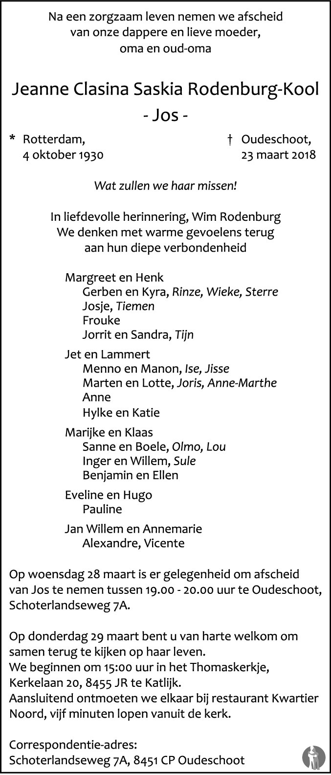 Jeanne Clasina Saskia (Jos) Rodenburg - Kool 23-03-2018 ...