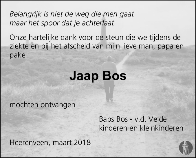 Jaap Bos 03-02-2018 overlijdensbericht en condoleances - Mensenlinq.nl