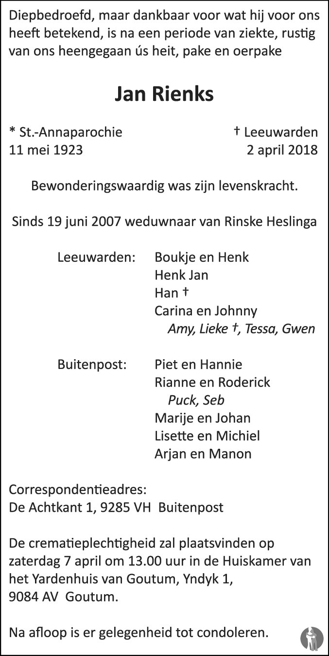 Jan Rienks 02-04-2018 overlijdensbericht en condoleances - Mensenlinq.nl