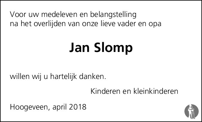 Jan Slomp 03-04-2018 overlijdensbericht en condoleances - Mensenlinq.nl