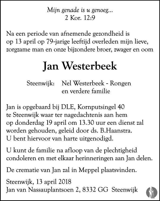 Jan Westerbeek 13-04-2018 overlijdensbericht en condoleances ...