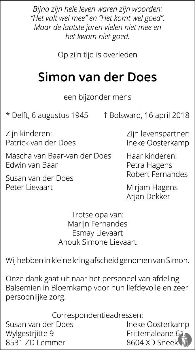 Simon van der Does 16-04-2018 overlijdensbericht en condoleances ...